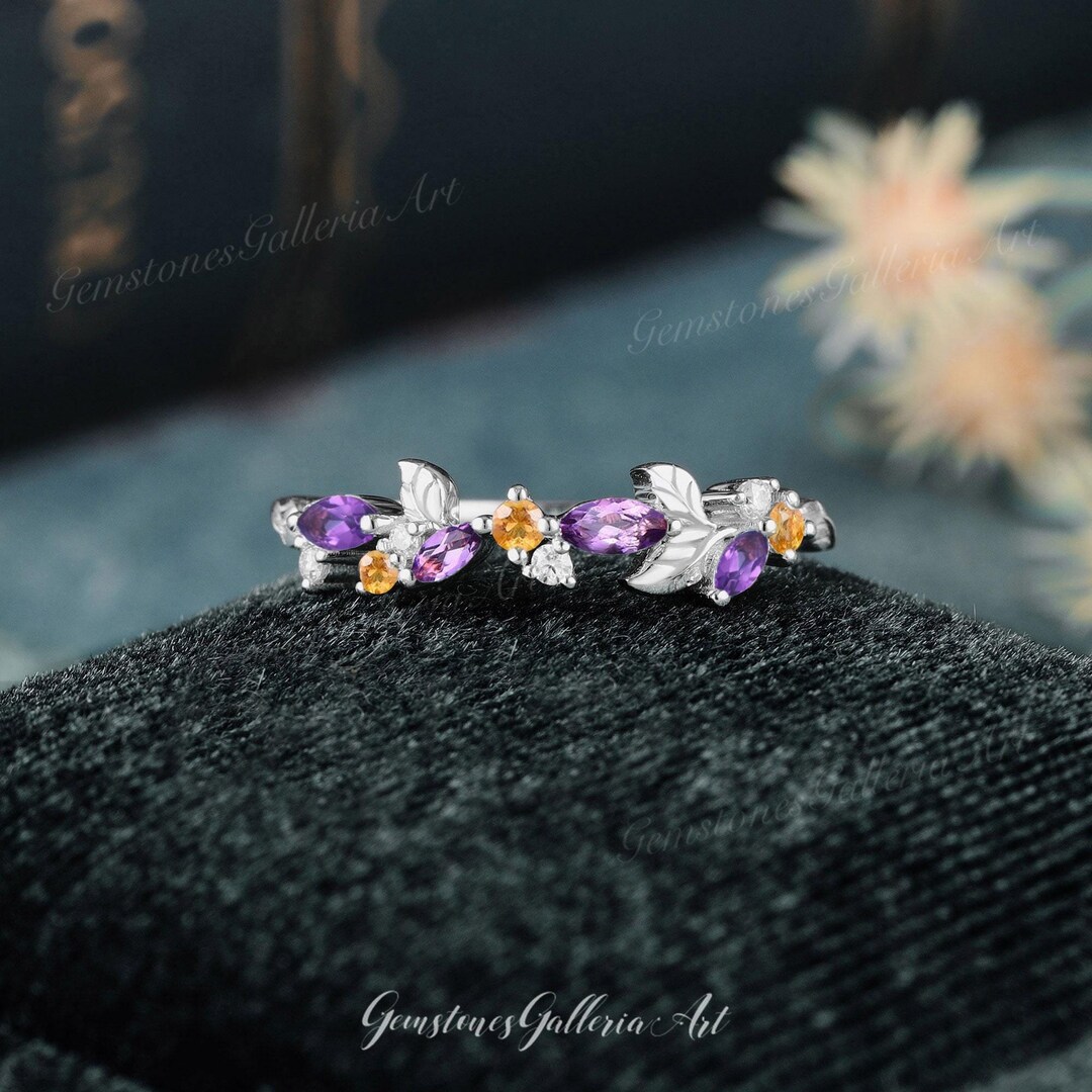 Floral Vine Amethyst Wedding Band Citrine Leaf Bridal Ring Marquise Cut ...