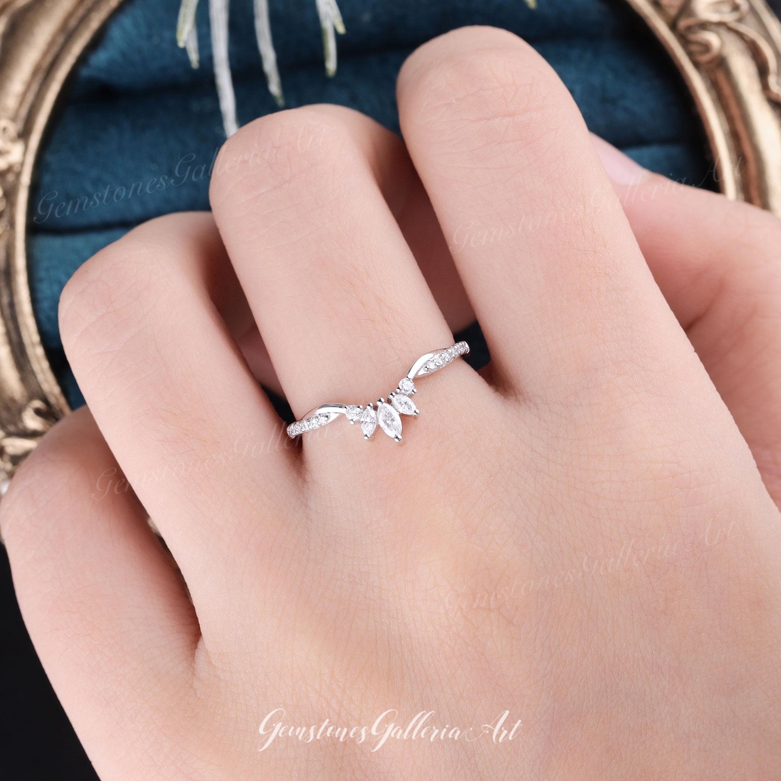 Curved Moissanite Wedding Band V Shaped Wedding Band Unique Chevron ...