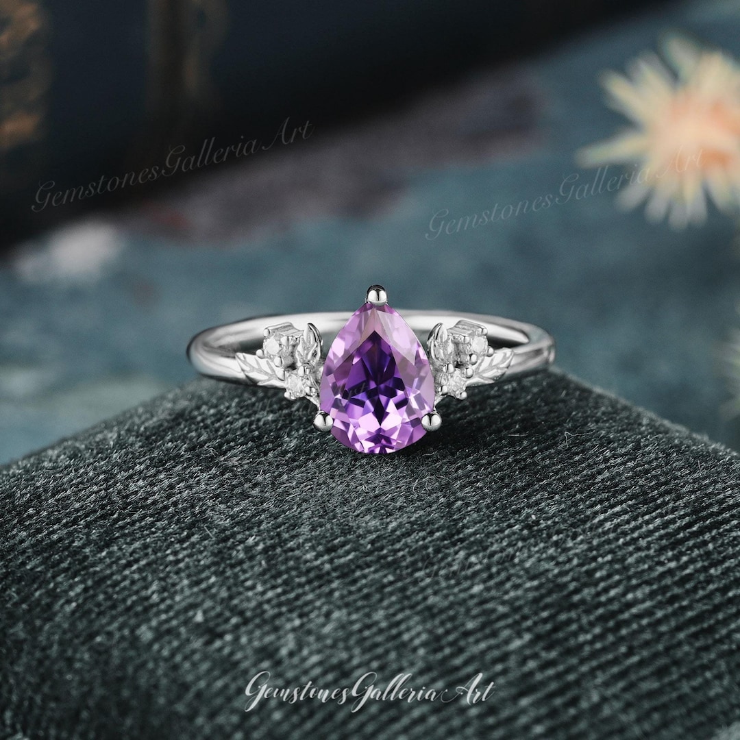 Vintage Pear Shaped Amethyst Engagement Ring Nature Inspired White Gold ...