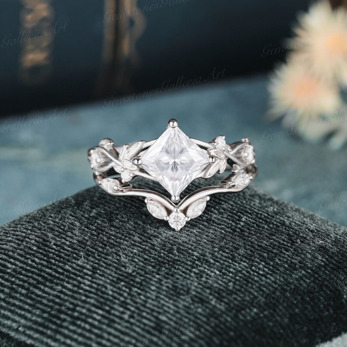 Unique White Gold Engagement Ring Set Dainty Diamond Bridal Set ...