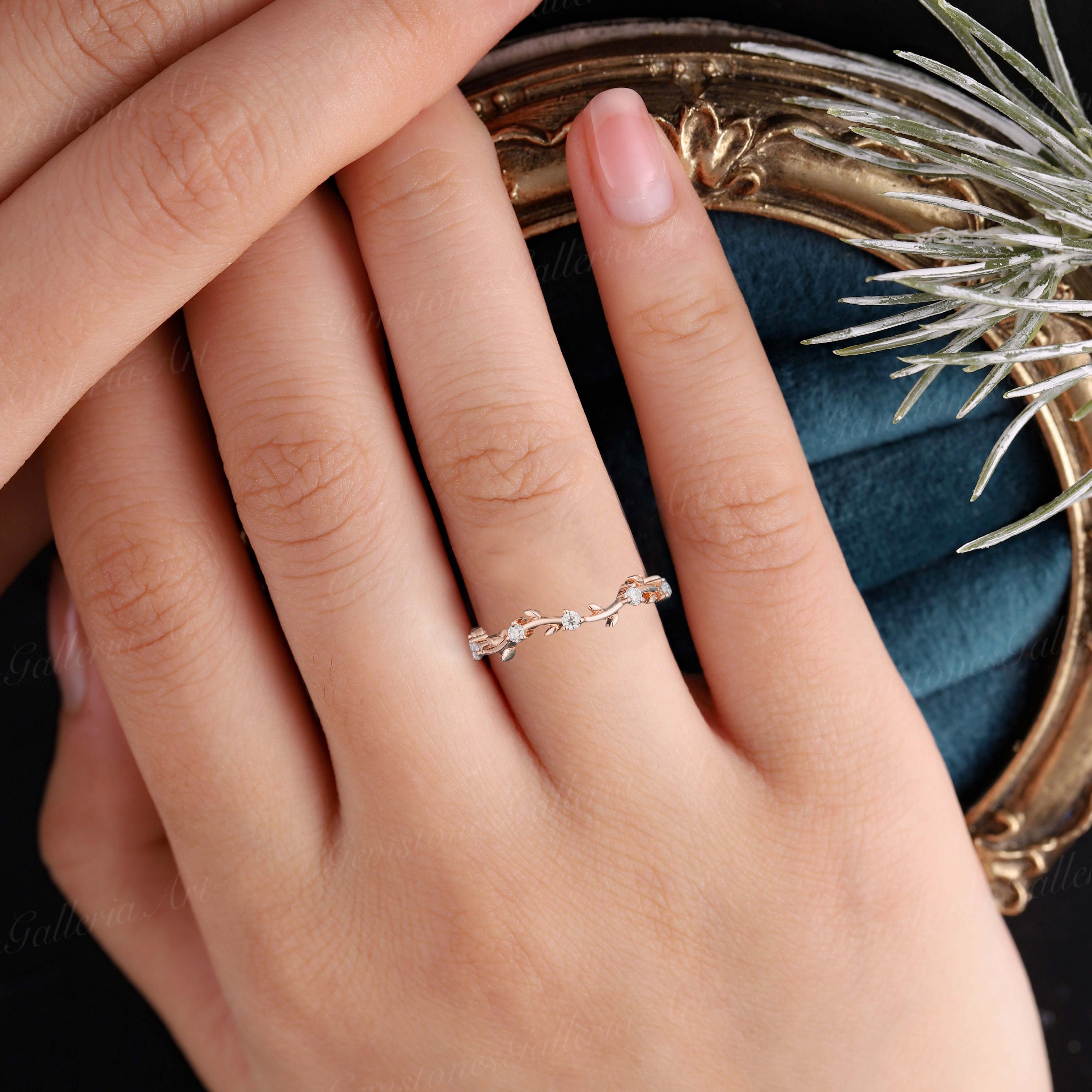 Leaf Wedding Band Women Vine Flower Ring Moissanite Antique Stacking ...