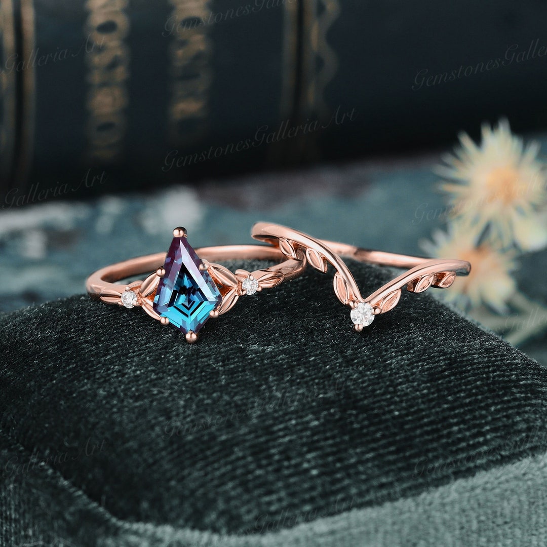 Alexandrite Engagement Ring Set Rose Gold Kite Cut Unique Cluster ...