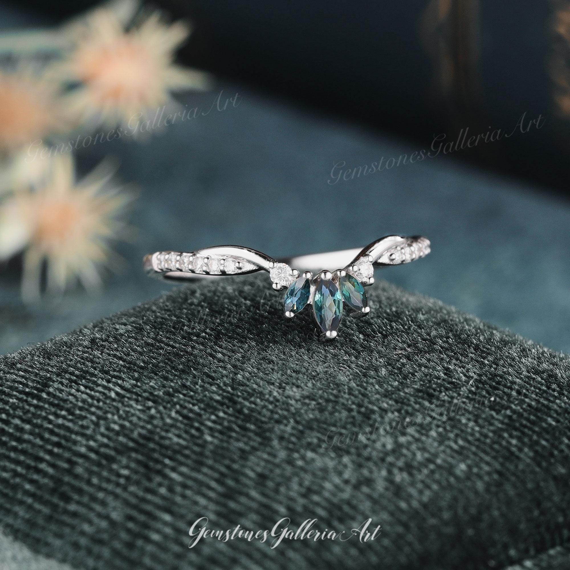 Marquise Cut Teal Sapphire Curved Wedding Band White Gold Blue Green ...