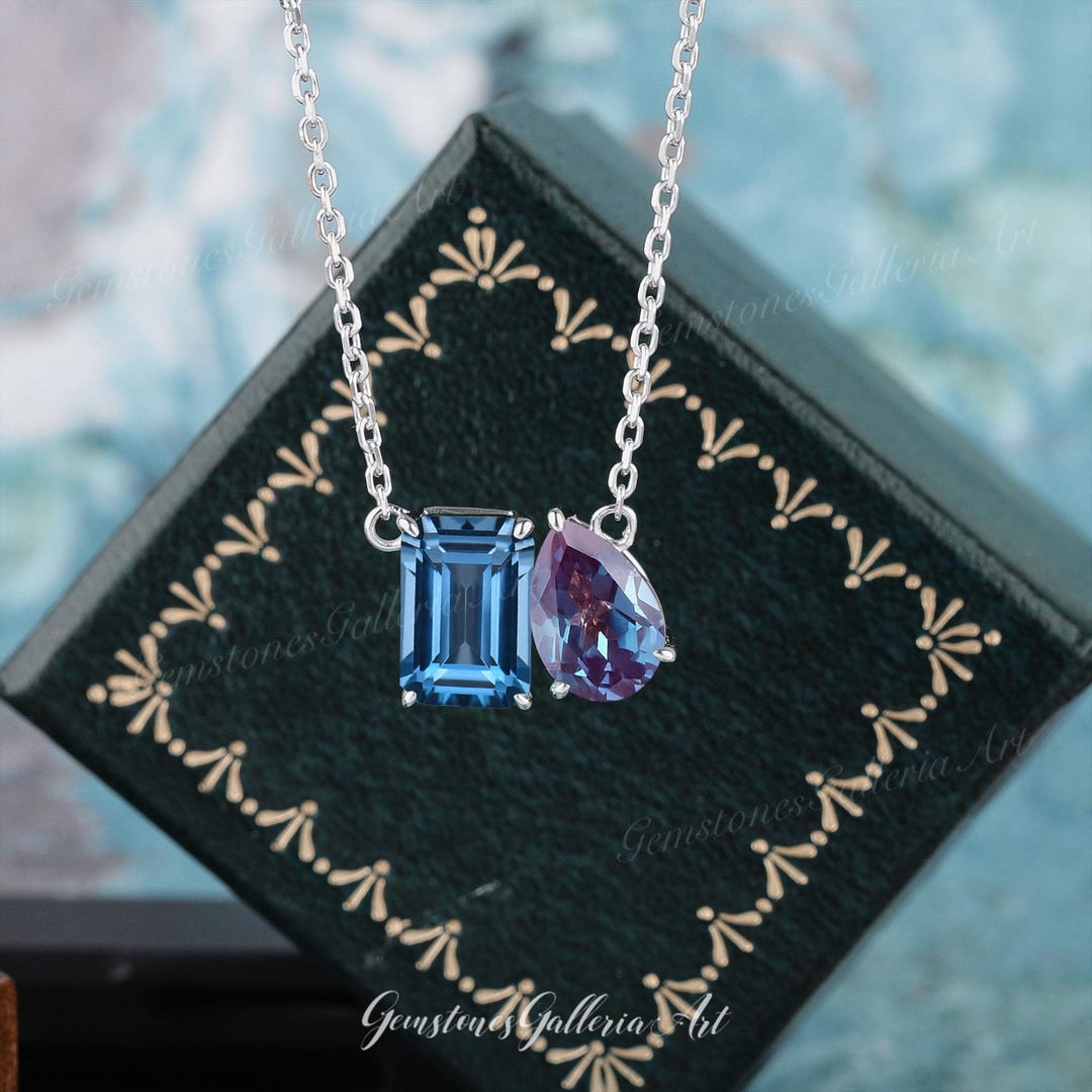 Two Stones Pendant Necklace Emerald Cut London Blue Topaz Pear Cut ...