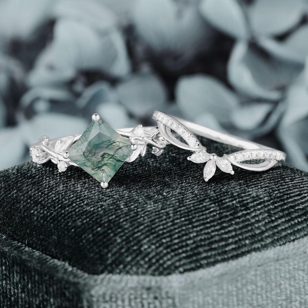 Princess Cut Green Moss Agate Engagement Ring Set 14K White Gold ...