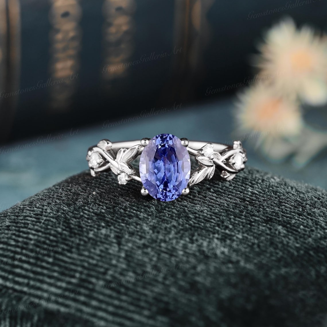 Oval Cornflower Sapphire Engagement Ring Twisted Blue Sapphire Wedding Ring Leaf Vine Flower ...