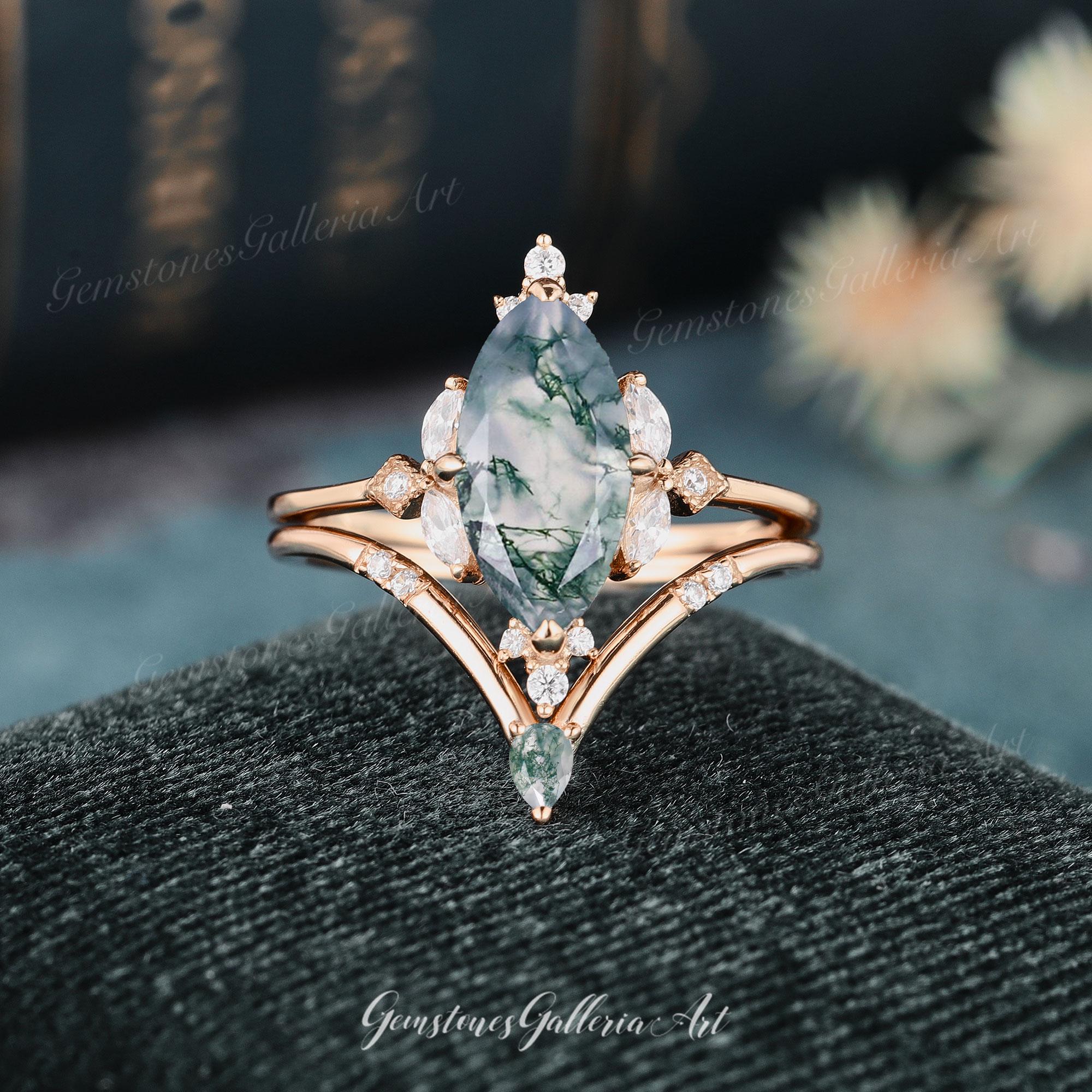 Vintage Moss Agate Engagement Ring Set Rose Gold Unique Art Deco ...