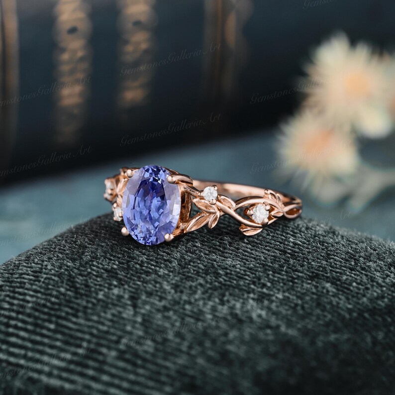 Oval Cornflower Sapphire Engagement Ring Twisted Blue Sapphire Wedding Ring Leaf Vine Flower ...