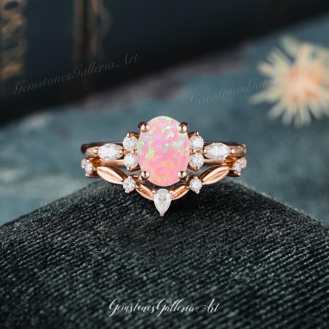 Pink Opal Engagement Ring Set Woman Leaf Rings Oval Ring Natural ...