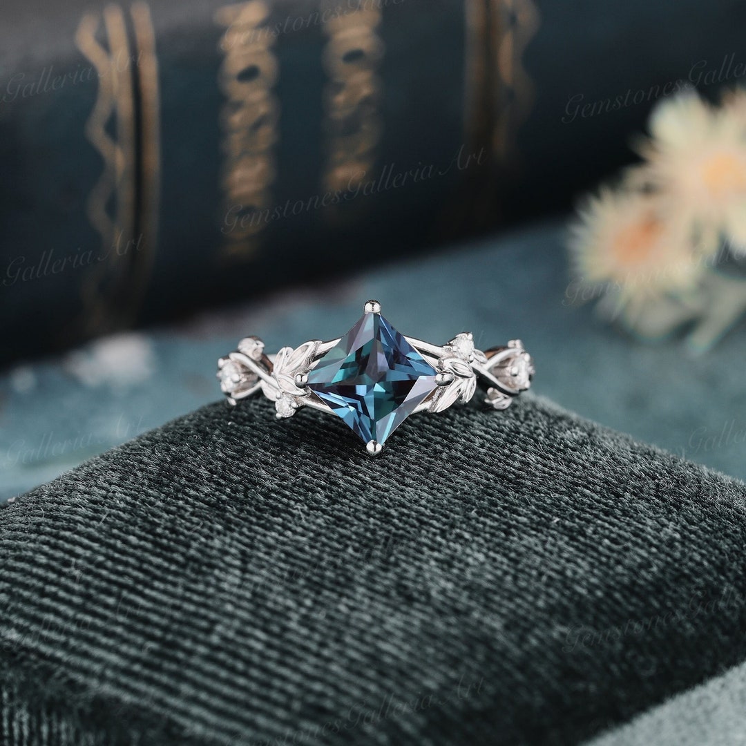 Princess Cut Alexandrite Engagement Ring Unique White Gold Ring ...