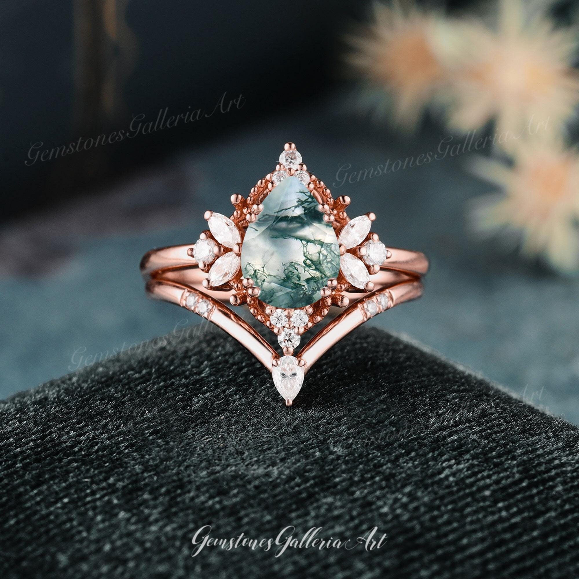 Art Deco Moss Agate Engagement Ring Set Vintage Milgrain Moissanite ...