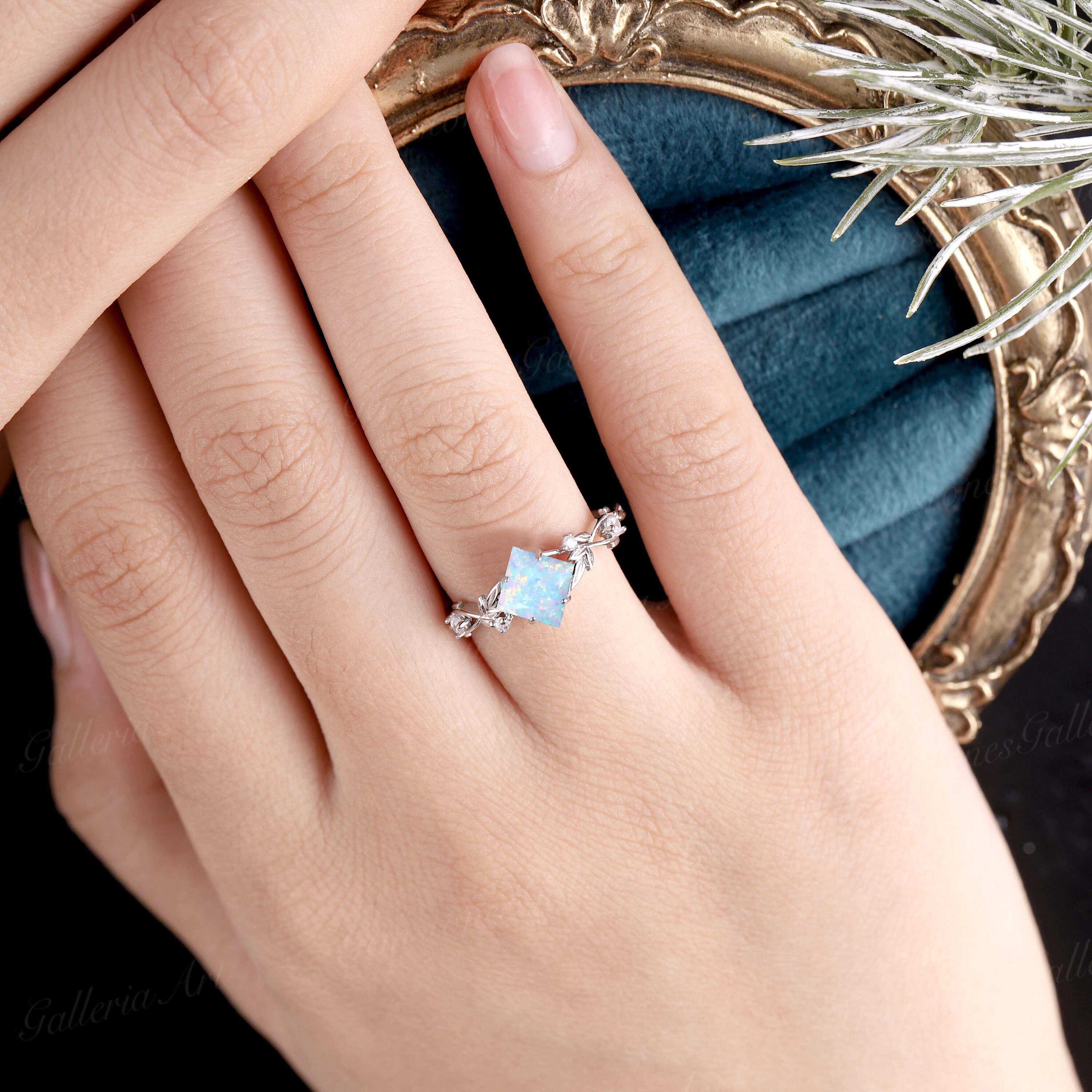 Princess Cut Opal Engagement Ring White Gold Opal Ring Dainty Diamond ...