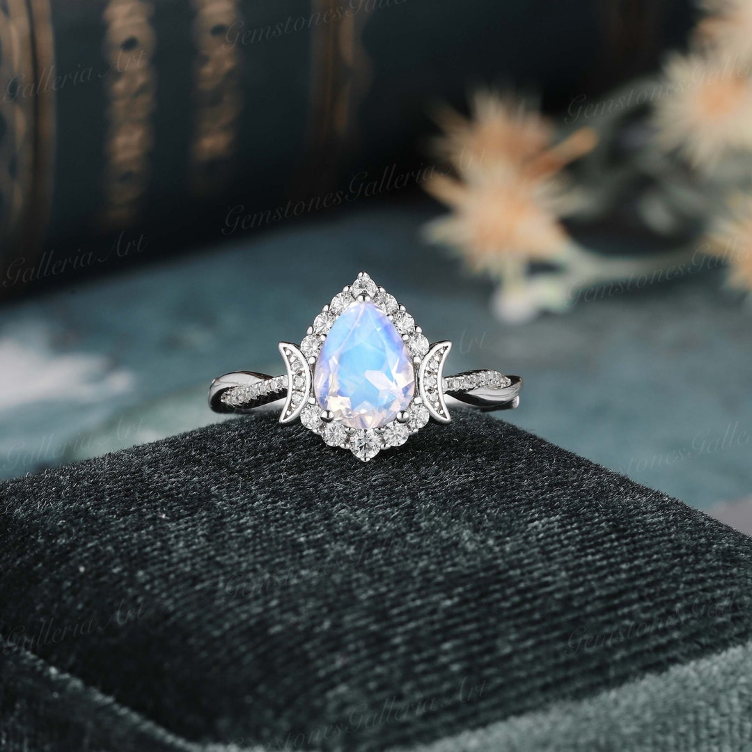 Unique Moonstone Engagement Ring Pear Shaped Moon Ring White Gold ...