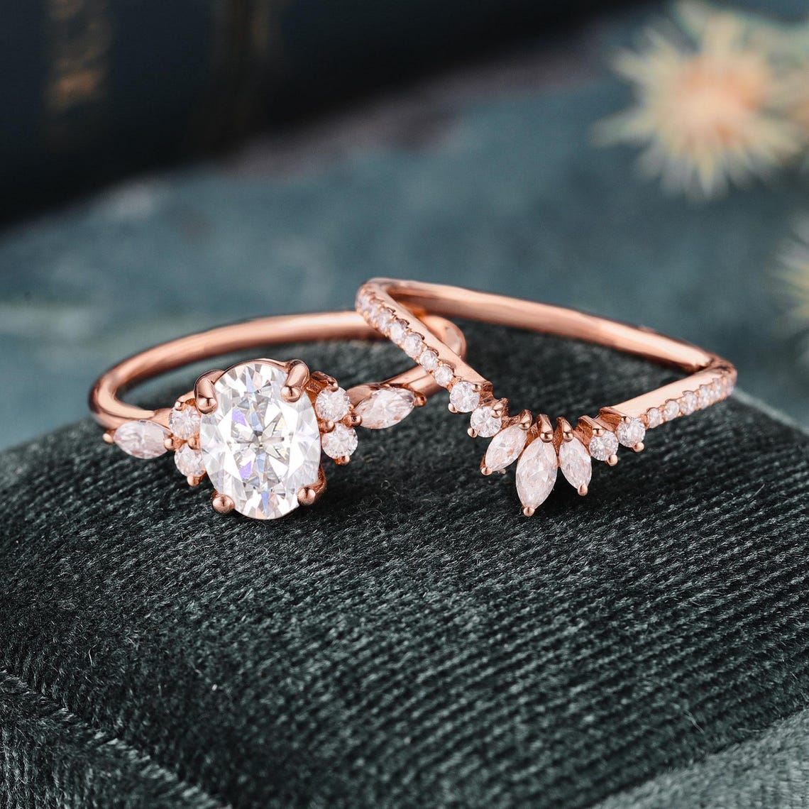 Oval Cut Moissanite Wedding Ring Set 2pcs Unique Moissanite Engagement ...