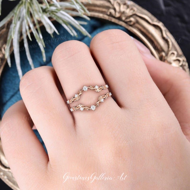 Rose Gold Leaf Curved Wedding Band Ring Enhancer Unique Moissanite Cage ...