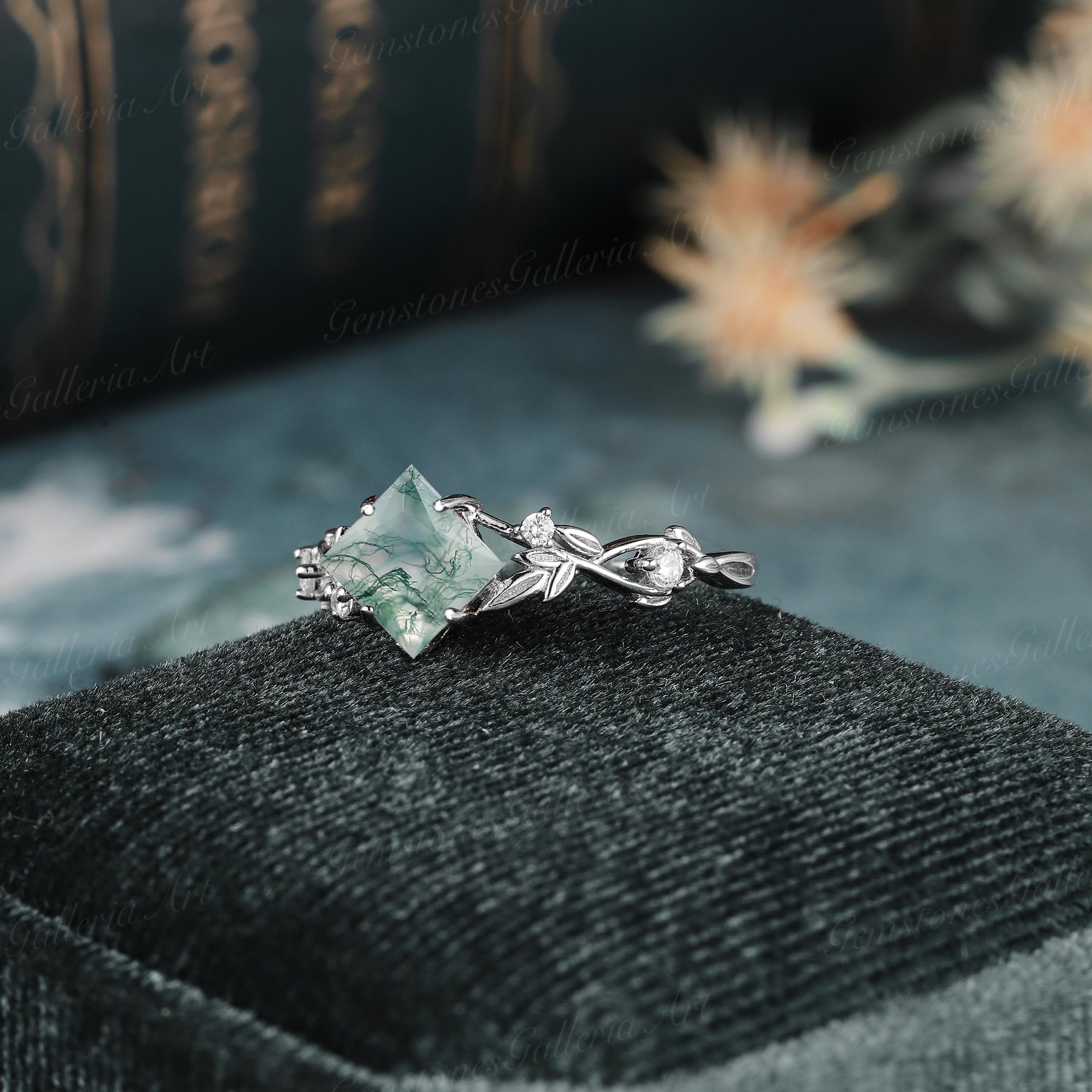 Princess Cut Moss Agate Engagement Ring Vine Flower Ring Unique White ...