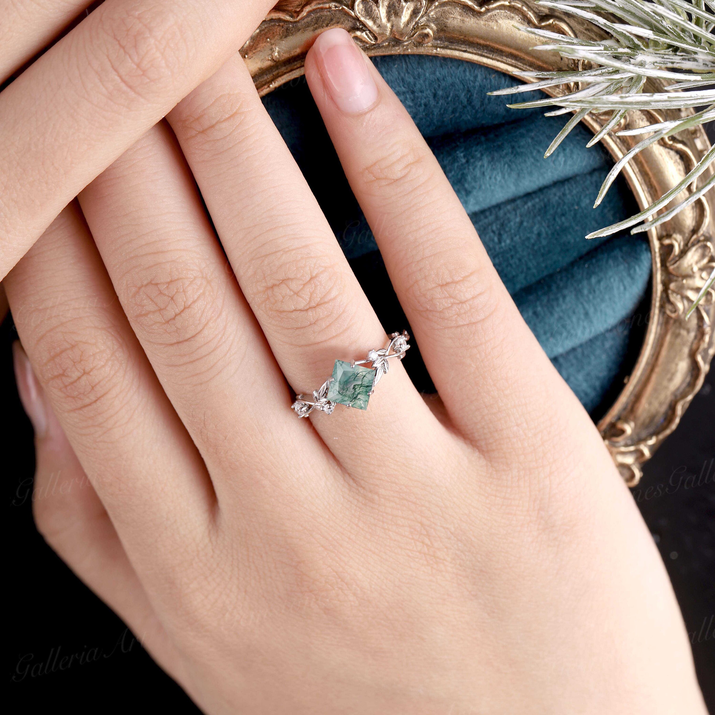 Princess Cut Moss Agate Engagement Ring Vine Flower Ring Unique White ...