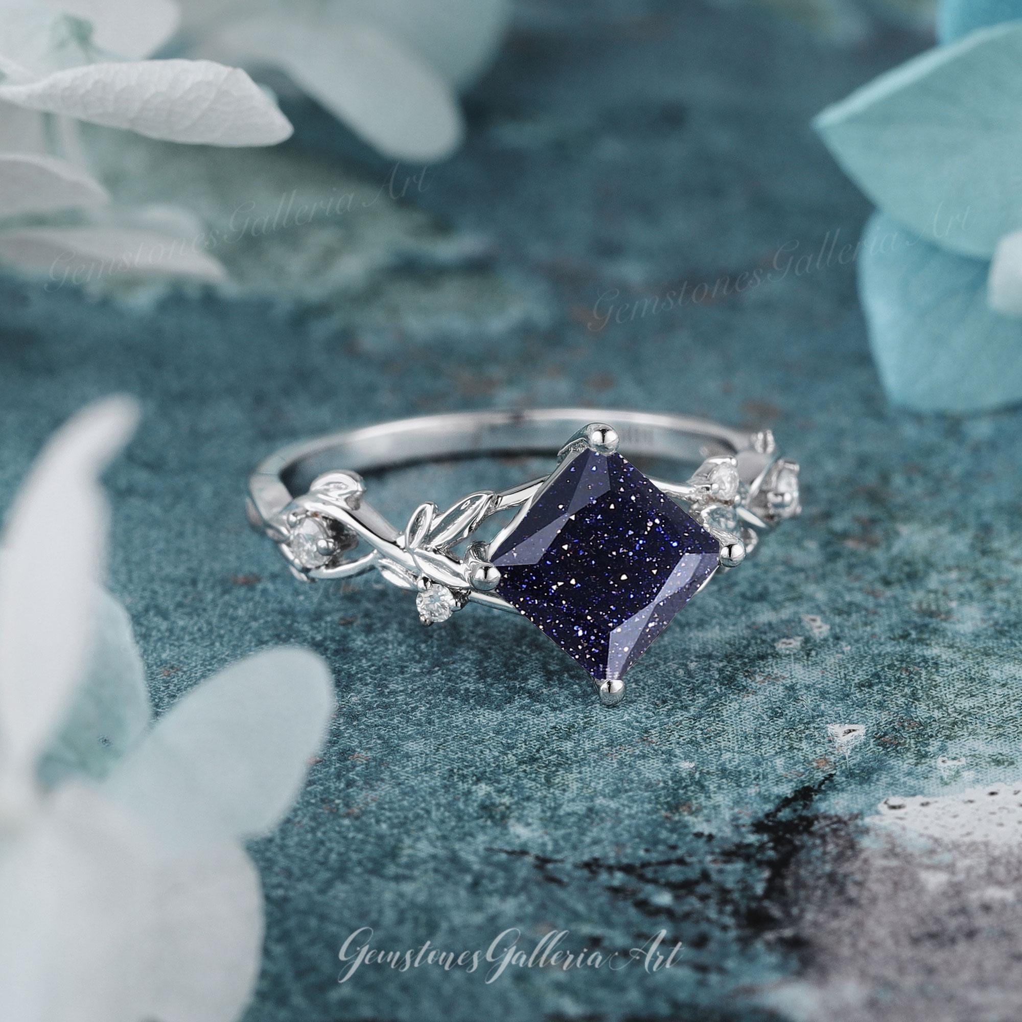 Princess Cut Blue Sandstone Promise Ring Leaf White Gold Engagement ...