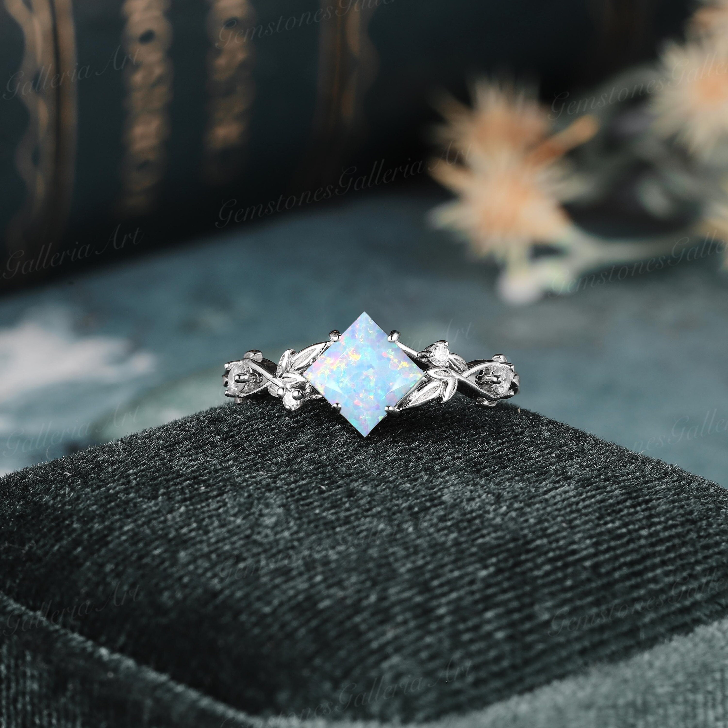 Princess Cut Opal Engagement Ring White Gold Opal Ring Dainty Diamond ...