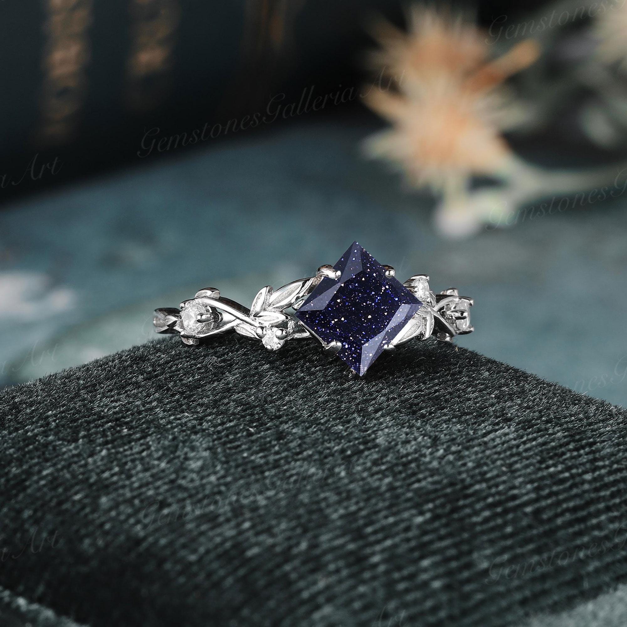 Princess Cut Blue Sandstone Promise Ring Leaf White Gold Engagement ...