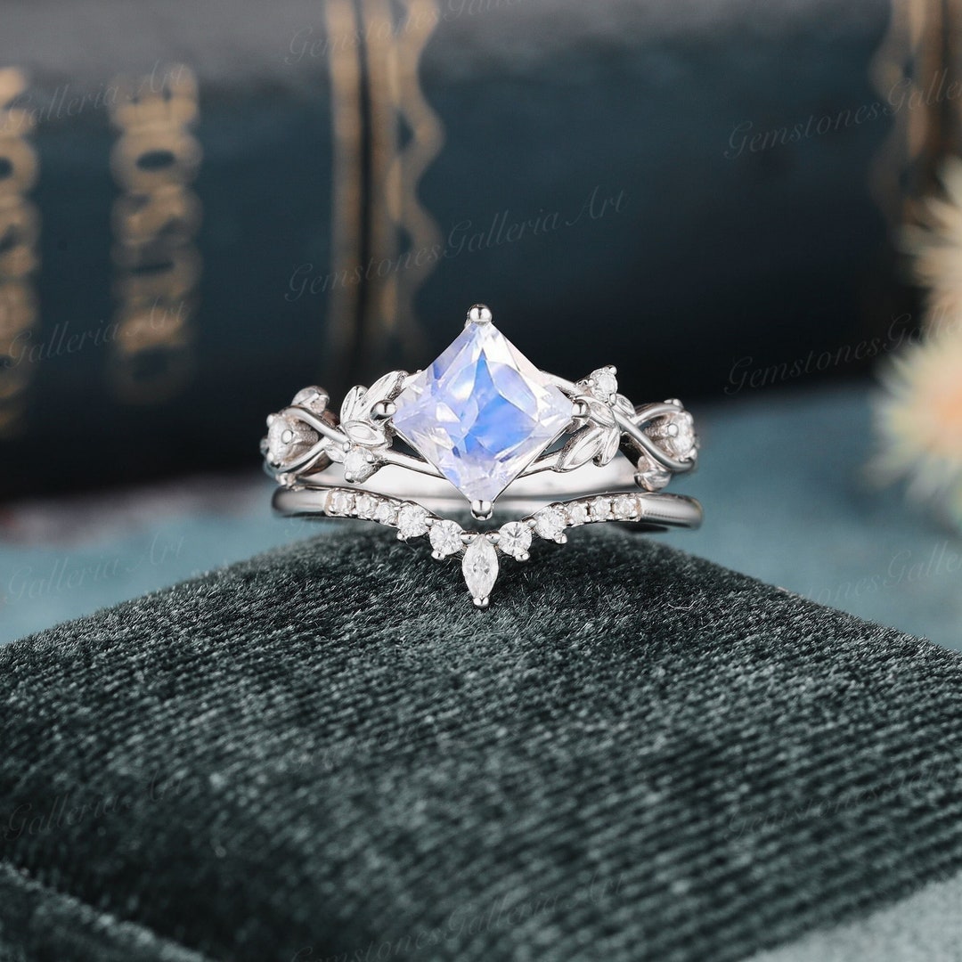 Vintage Moonstone Ring Set White Gold Princess Cut Diamond Ring Set ...