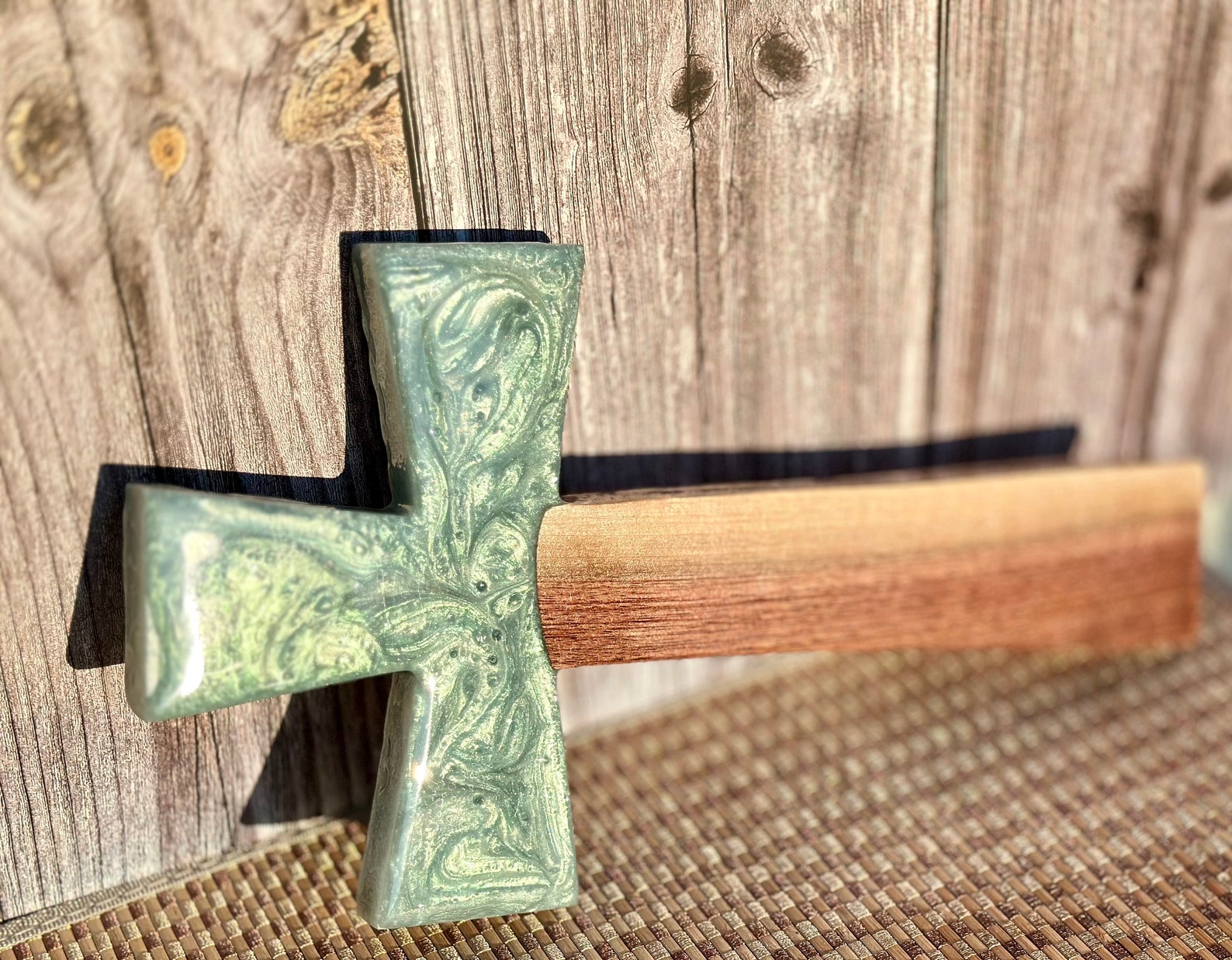 XL Large Sage Green Epoxy Resin Black Walnut Wood Handmade Flared Cross ...