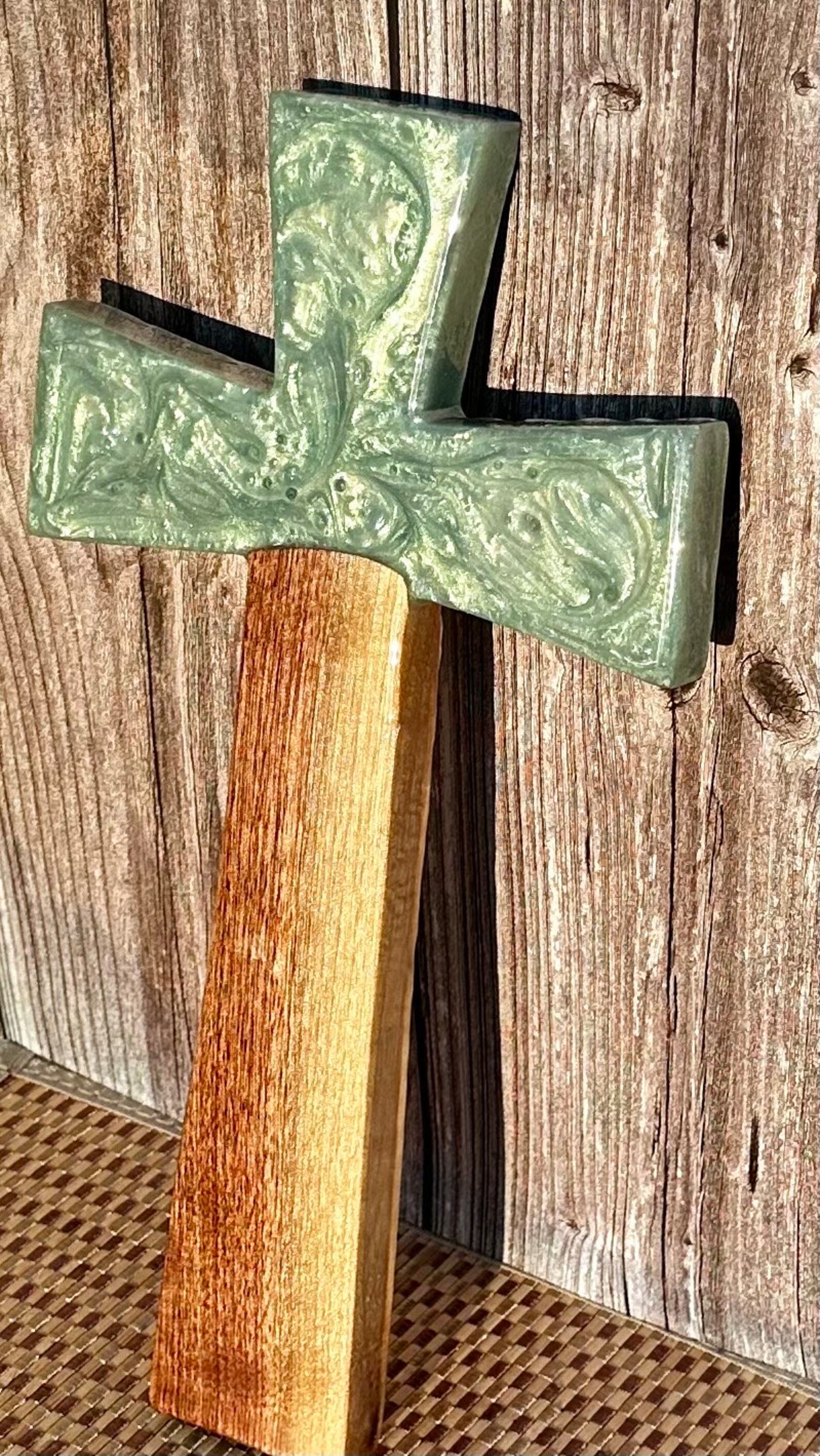 XL Large Sage Green Epoxy Resin Black Walnut Wood Handmade Flared Cross ...