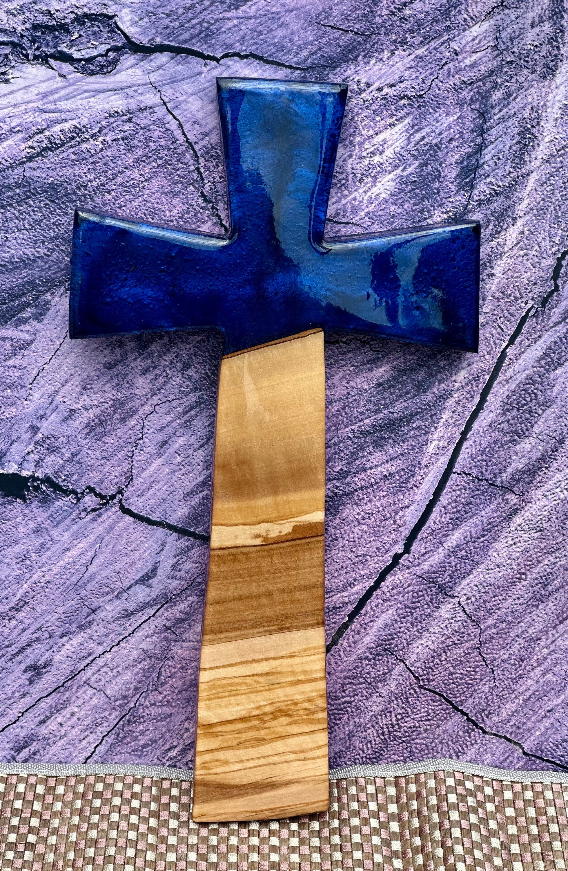 XL Royal Navy Blue Epoxy Resin Olive Wood Traditional Flared XL Cross ...