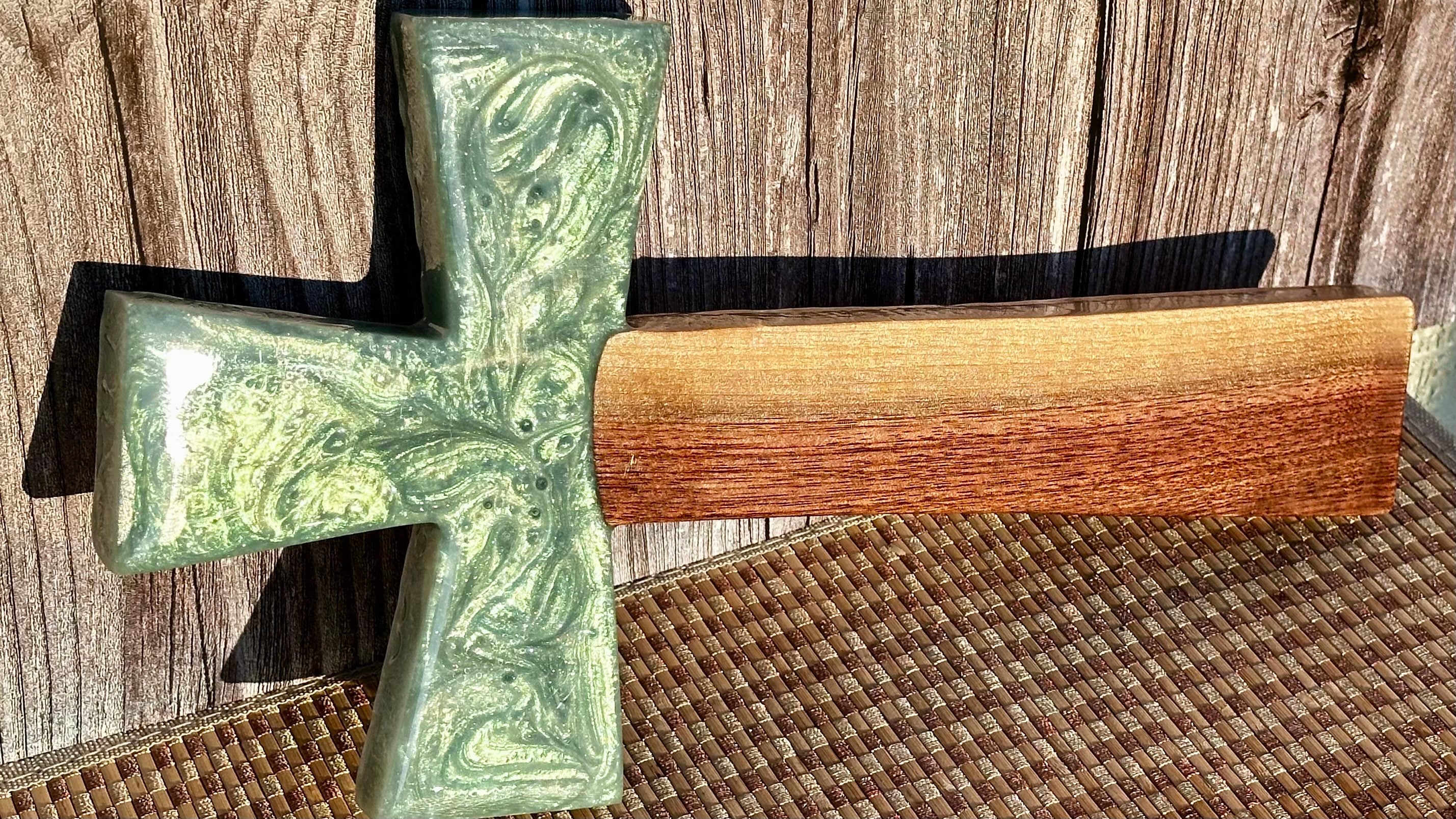 XL Large Sage Green Epoxy Resin Black Walnut Wood Handmade Flared Cross ...