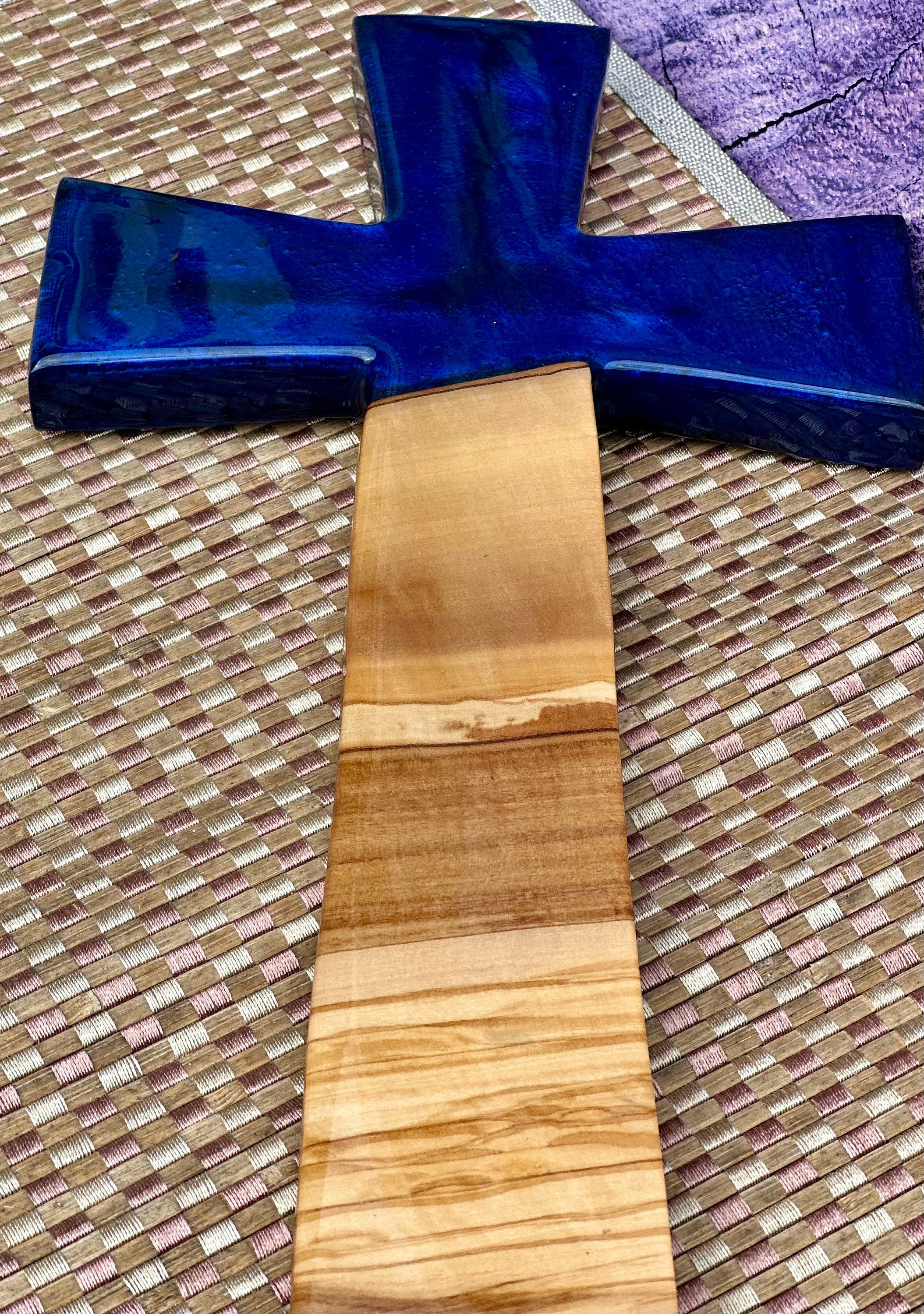 XL Royal Navy Blue Epoxy Resin Olive Wood Traditional Flared XL Cross ...