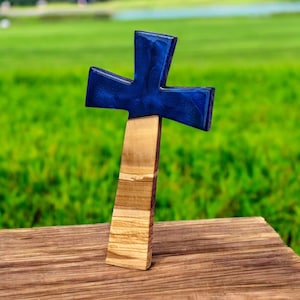 XL Royal Navy Blue Epoxy Resin Olive Wood Traditional Flared XL Cross ...