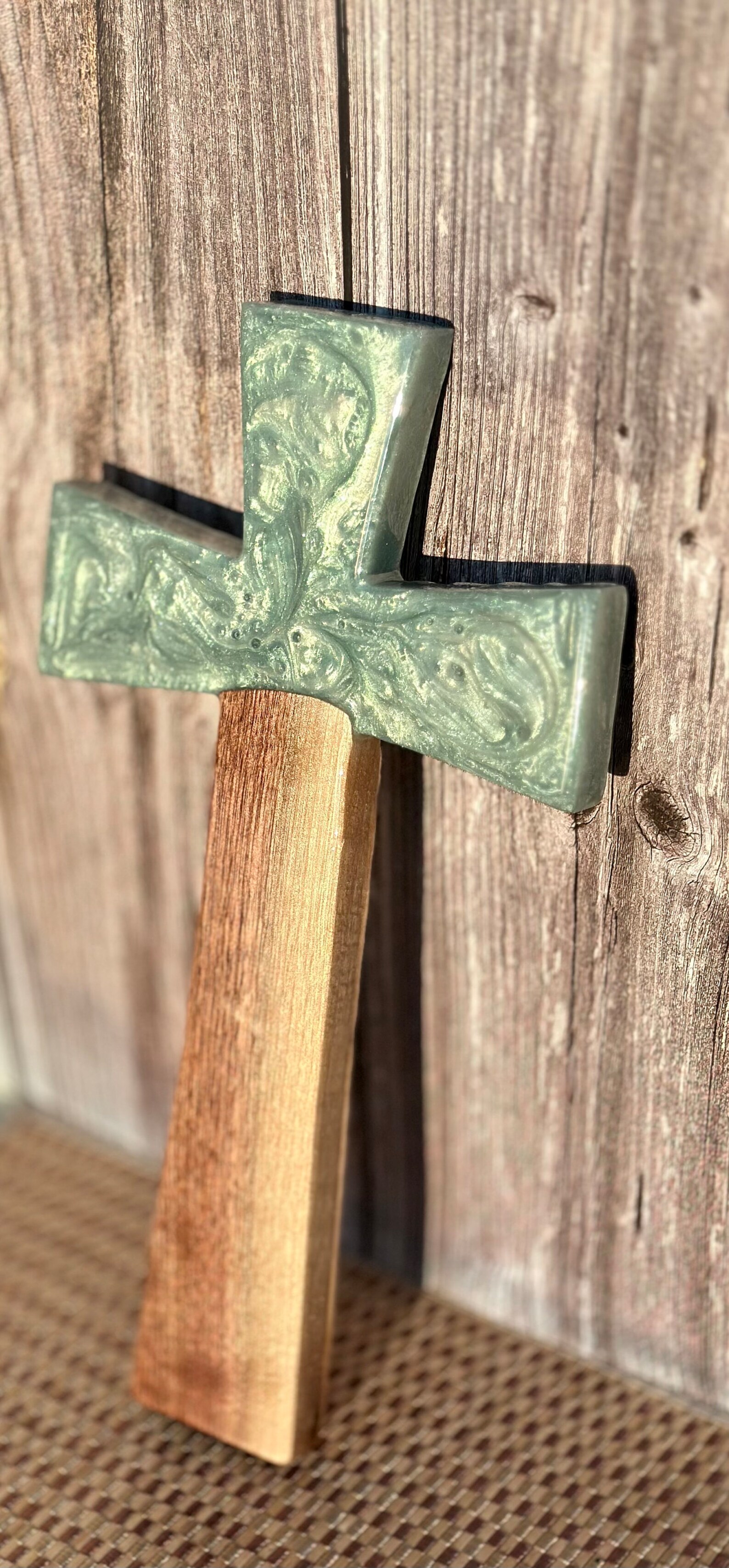 XL Large Sage Green Epoxy Resin Black Walnut Wood Handmade Flared Cross ...