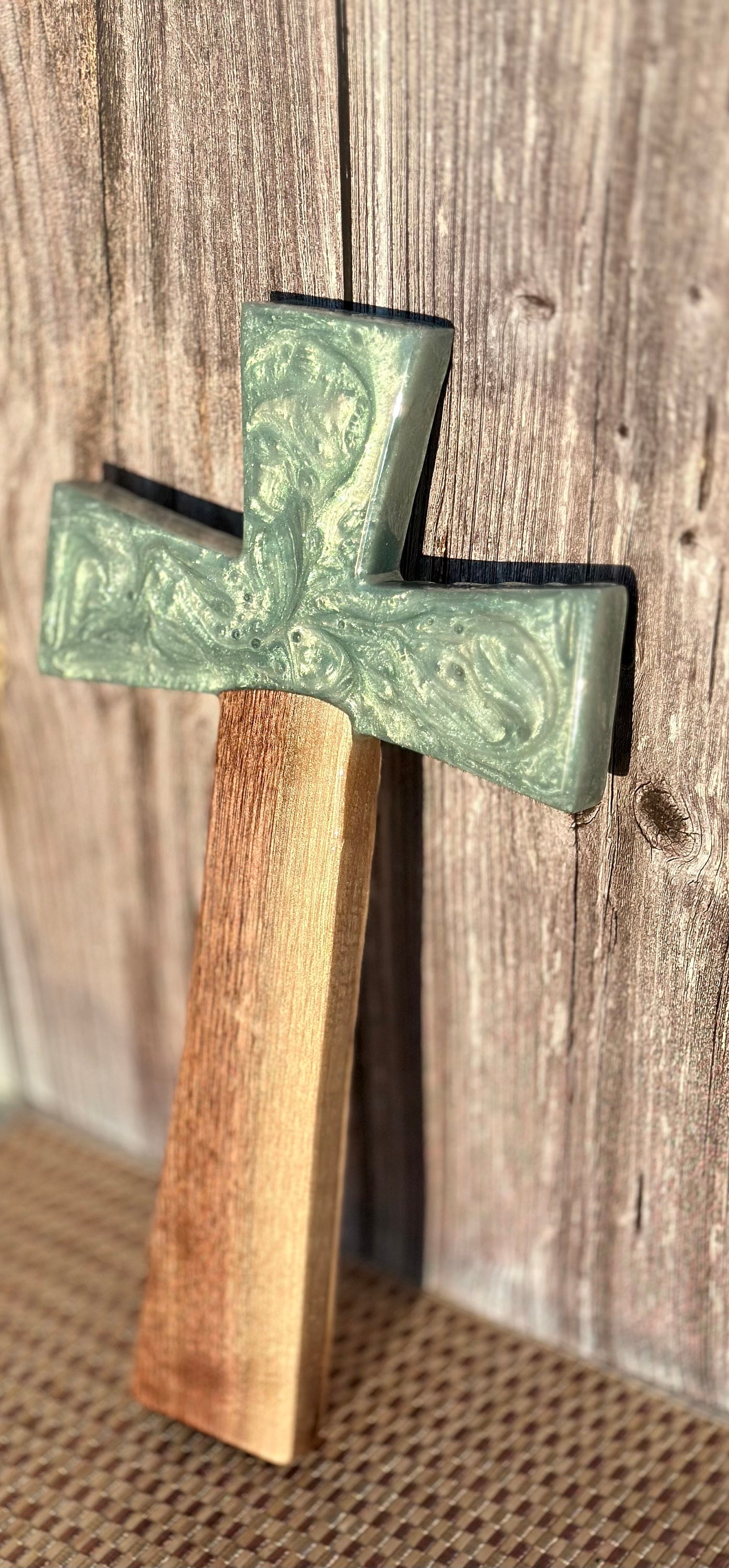 XL Large Sage Green Epoxy Resin Black Walnut Wood Handmade Flared Cross ...