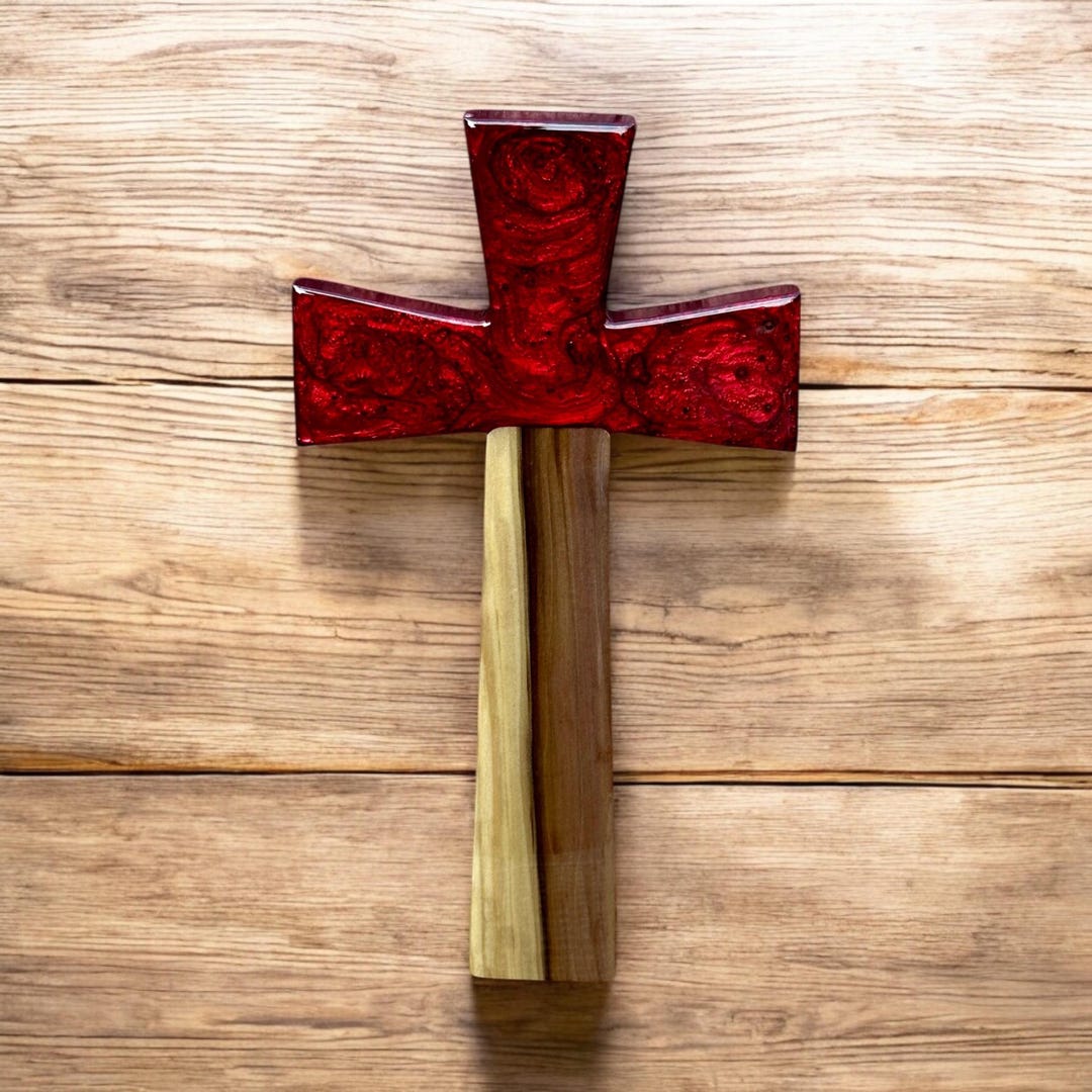 XL Large Crimson Ruby Red Epoxy Resin Poplar Wood Handmade Flared Cross ...