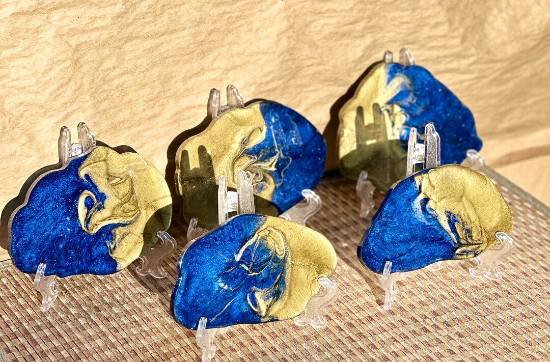 Set of 5 Geode Shaped Royal Navy Blue , Gold Swirls Handmade Coasters ...