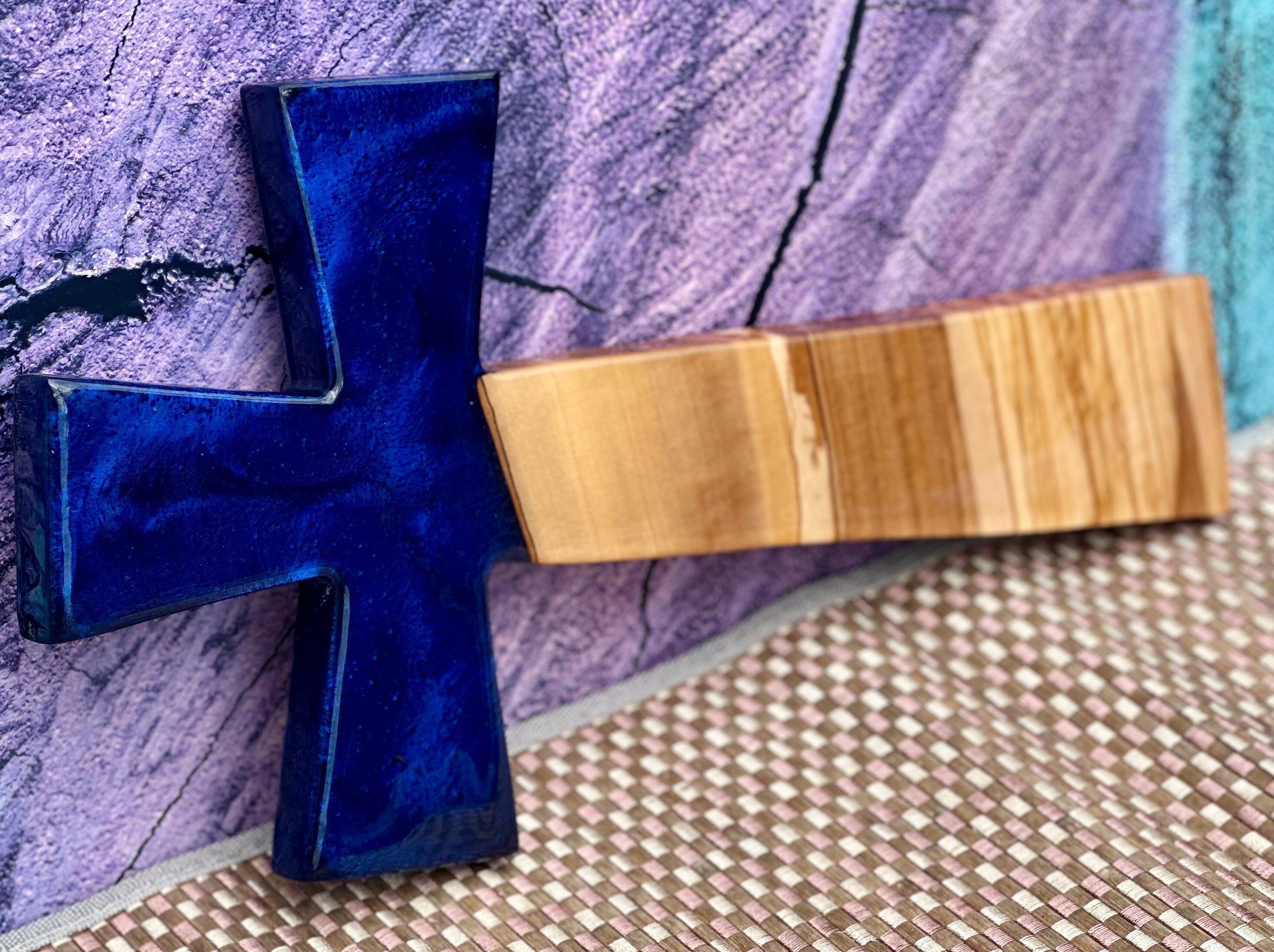XL Royal Navy Blue Epoxy Resin Olive Wood Traditional Flared XL Cross ...