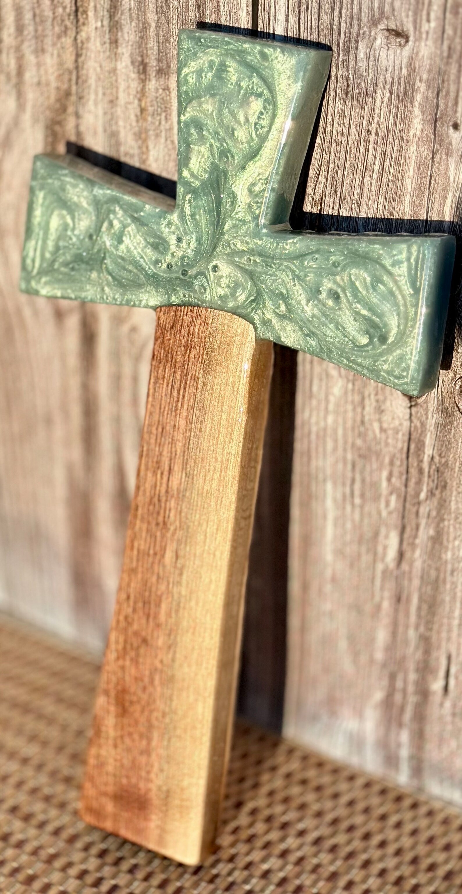 XL Large Sage Green Epoxy Resin Black Walnut Wood Handmade Flared Cross ...