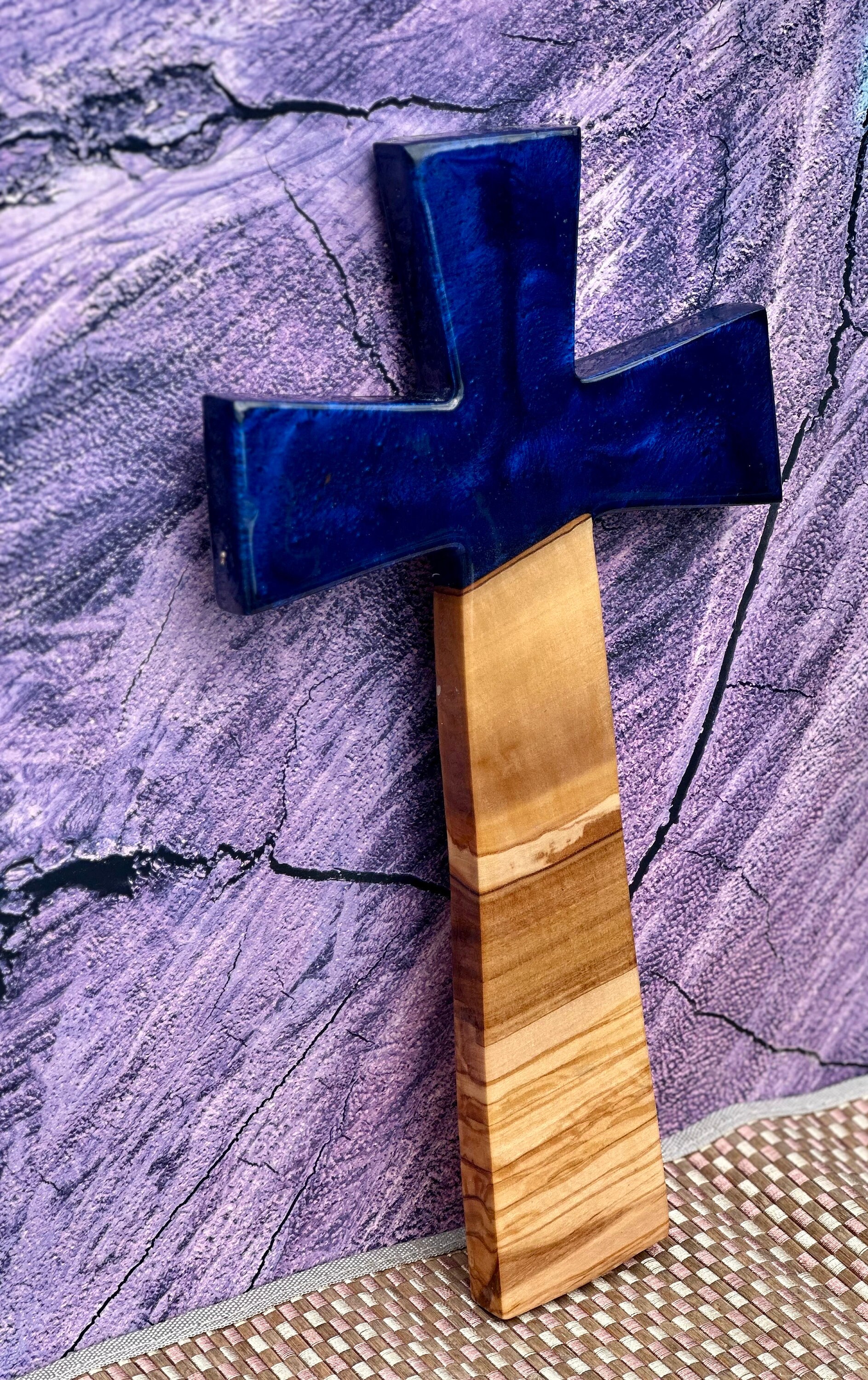 XL Royal Navy Blue Epoxy Resin Olive Wood Traditional Flared XL Cross ...