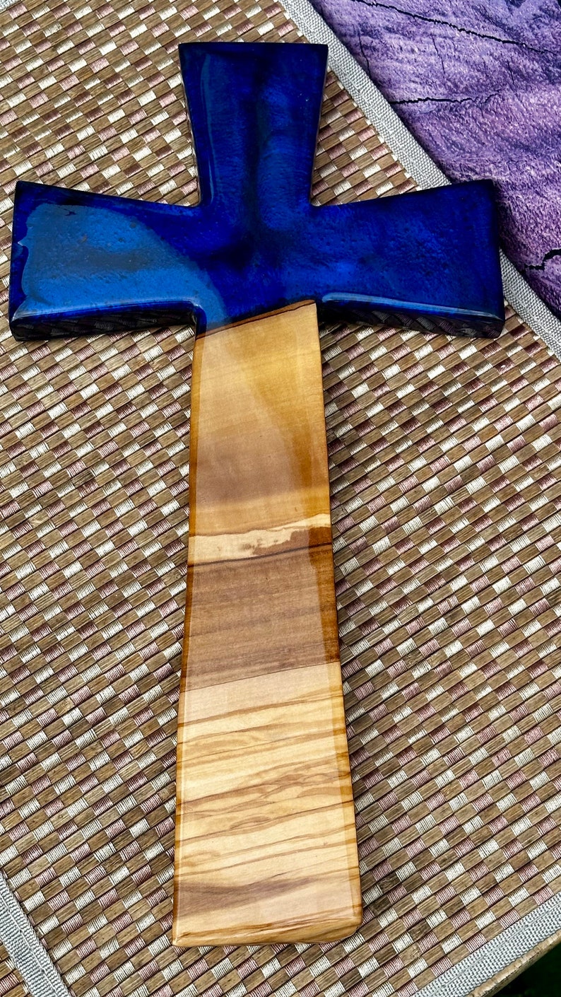 XL Royal Navy Blue Epoxy Resin Olive Wood Traditional Flared XL Cross ...