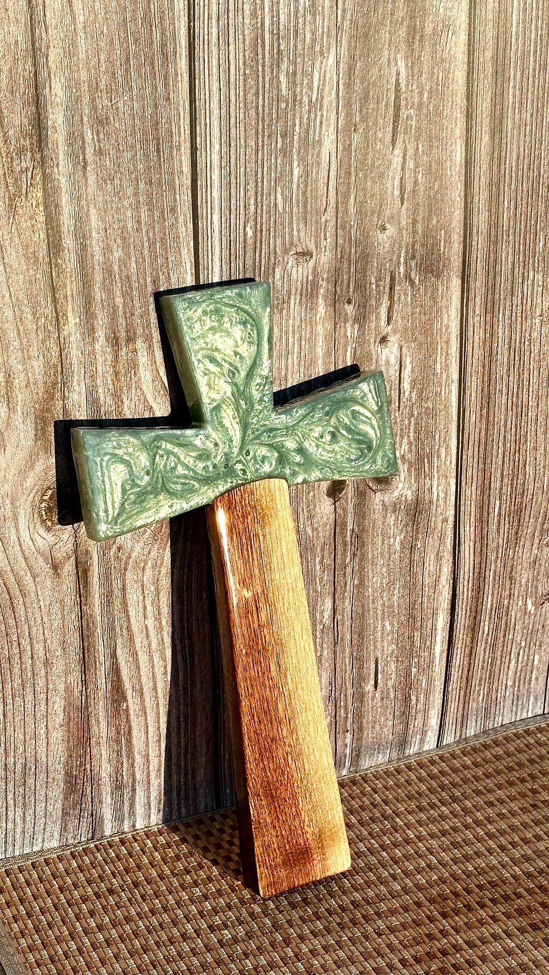XL Large Sage Green Epoxy Resin Black Walnut Wood Handmade Flared Cross ...