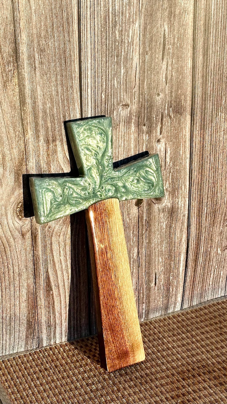 XL Large Sage Green Epoxy Resin Black Walnut Wood Handmade Flared Cross ...
