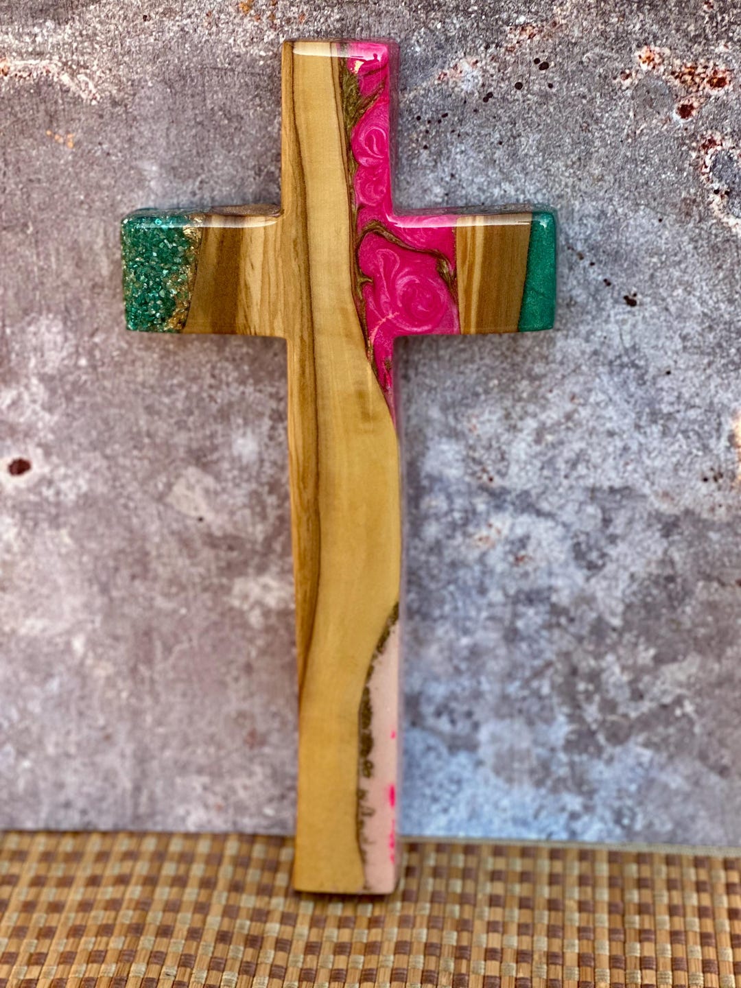 Light Baby Pink, Magenta, Teal With Gold Swirls Epoxy Resin Olive Wood ...
