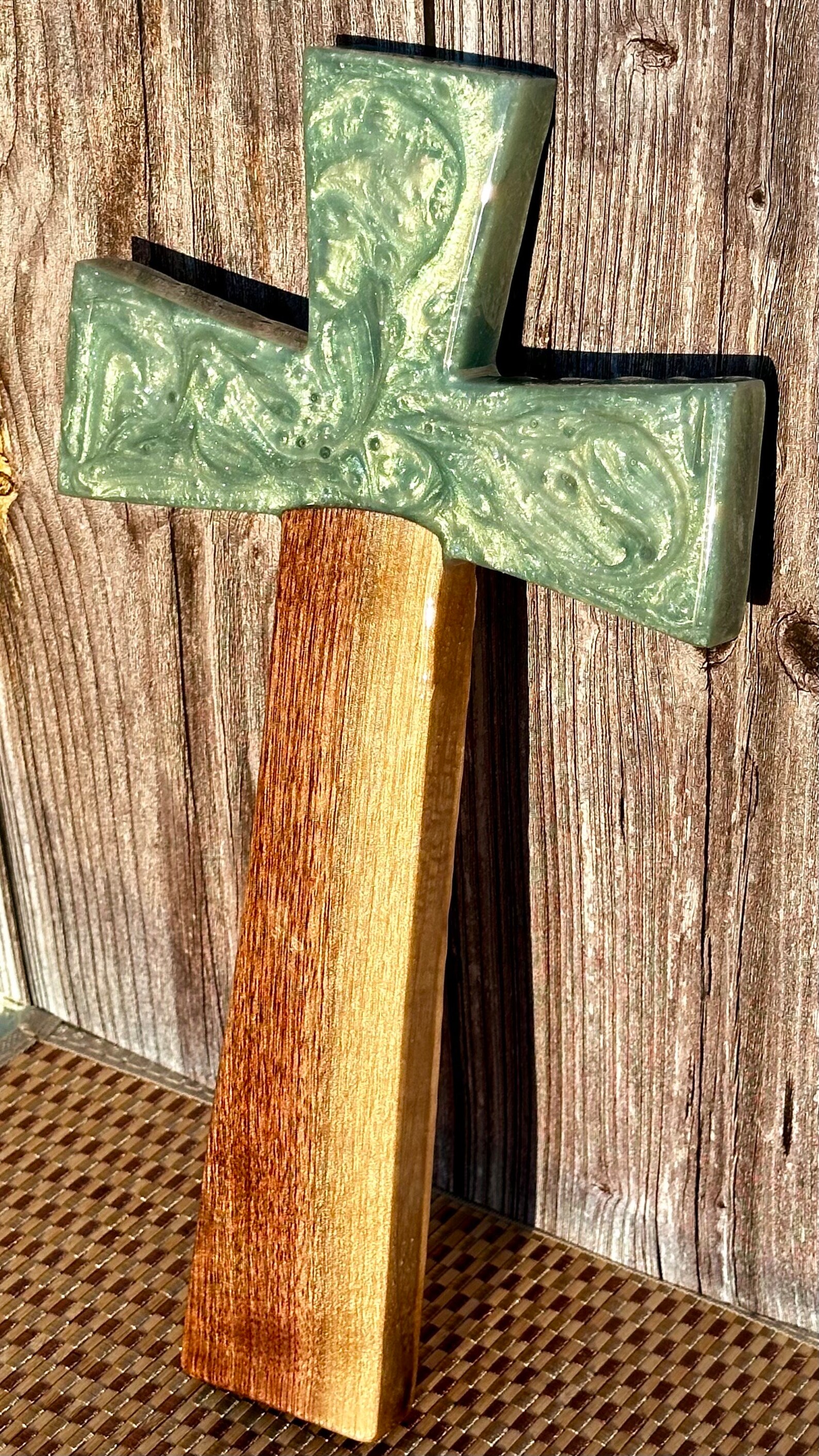 XL Large Sage Green Epoxy Resin Black Walnut Wood Handmade Flared Cross ...