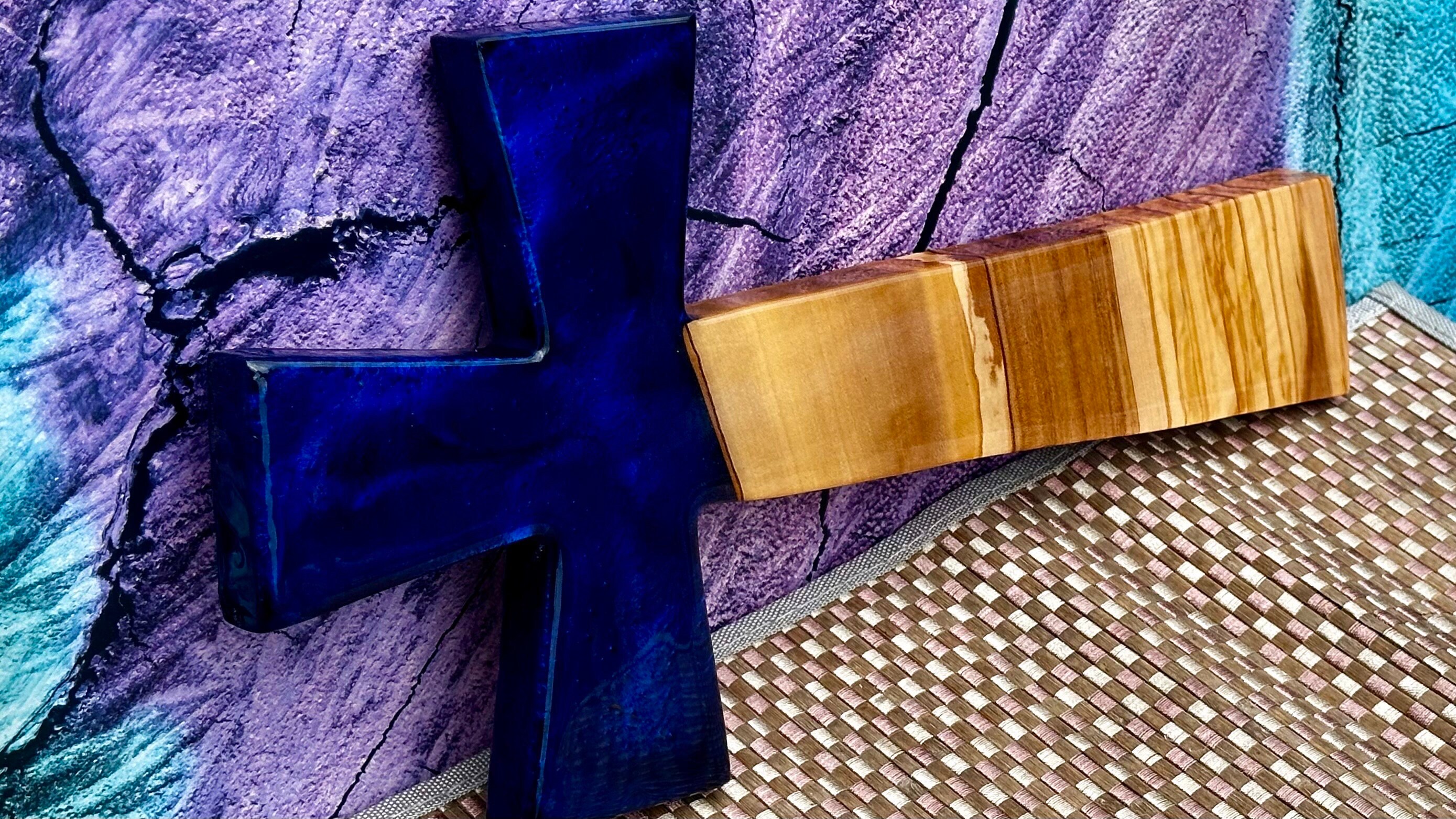 XL Royal Navy Blue Epoxy Resin Olive Wood Traditional Flared XL Cross ...