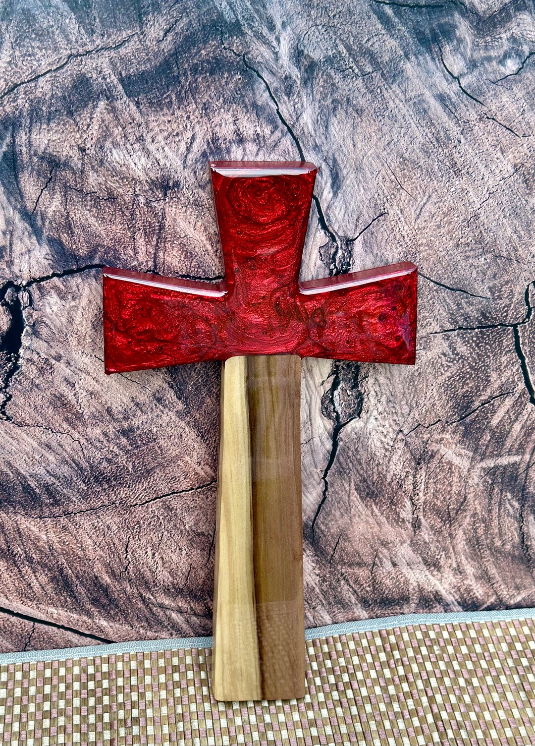 XL Large Crimson Ruby Red Epoxy Resin Poplar Wood Handmade Flared Cross ...