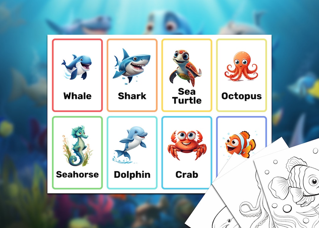 Ocean Animal Kids Printable Flash Cards 4 FREE COLORING PAGES - Etsy
