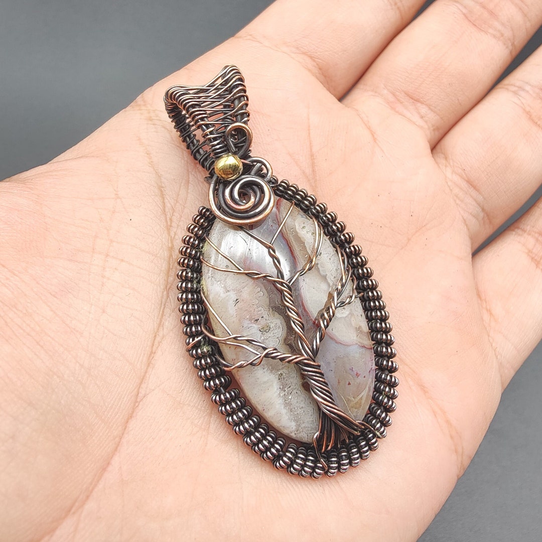 Tree of Life Banded Agate Copper Wire Wrapped Pendant Gemstone Pendant ...