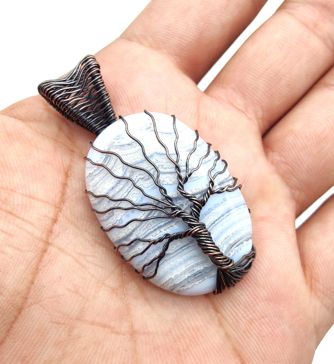 Tree of Life Blue Lace Agate Pendant Copper Wire Wrapped Pendant Agate ...