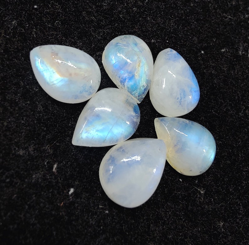 AAA+ Natural Rainbow Moonstone Cabochon: White-blue Pear Shape Flat ...