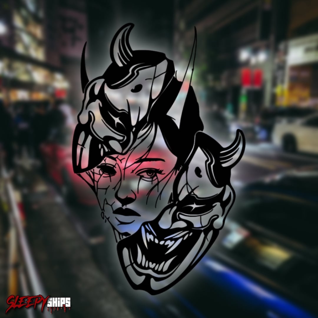 JDM Hannya Mask Vinyl Decal Detailed Japanese/ Text/ Banner/ Exhaust ...